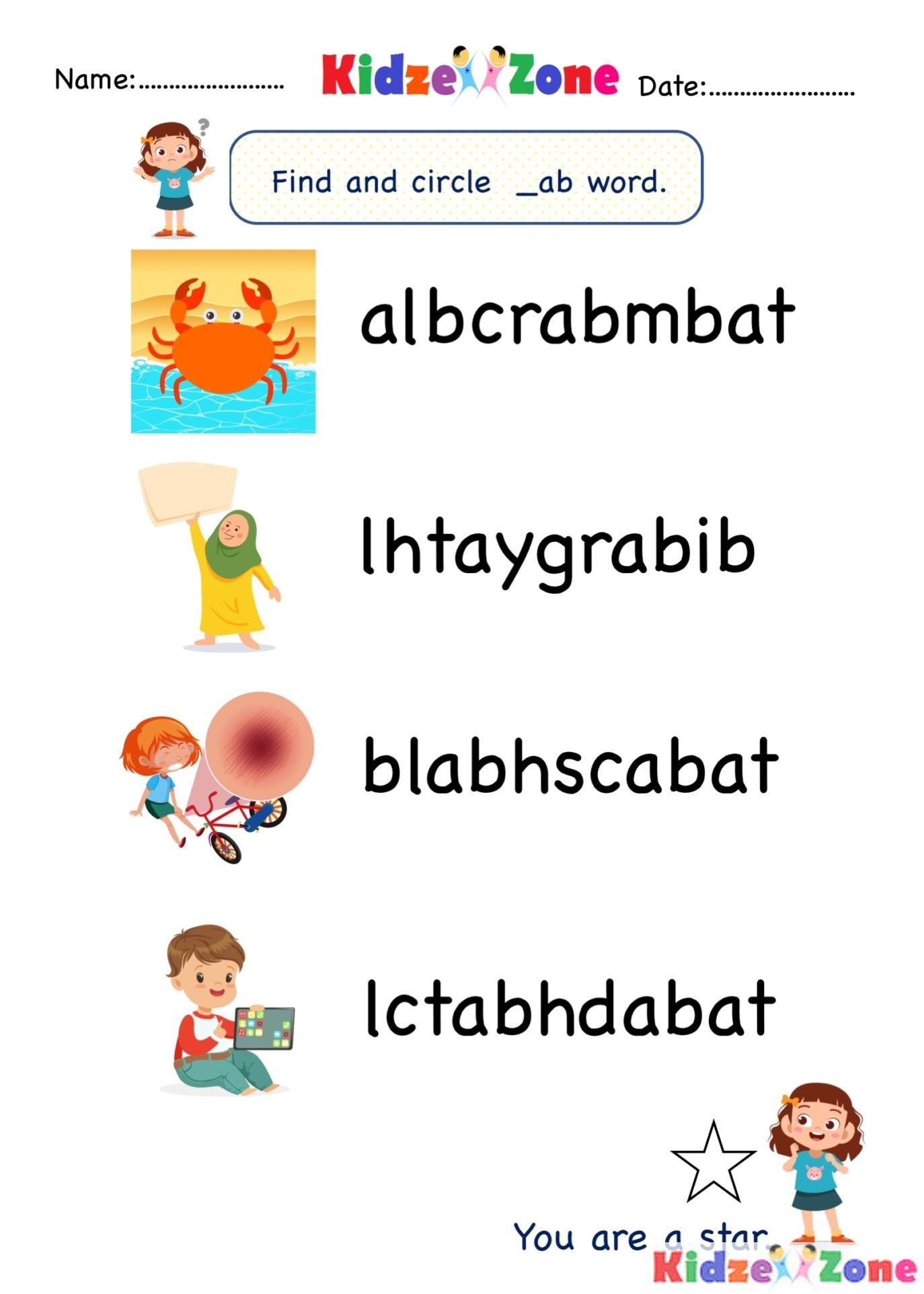 Find and Circle ab words - Kindergarten activity worksheet