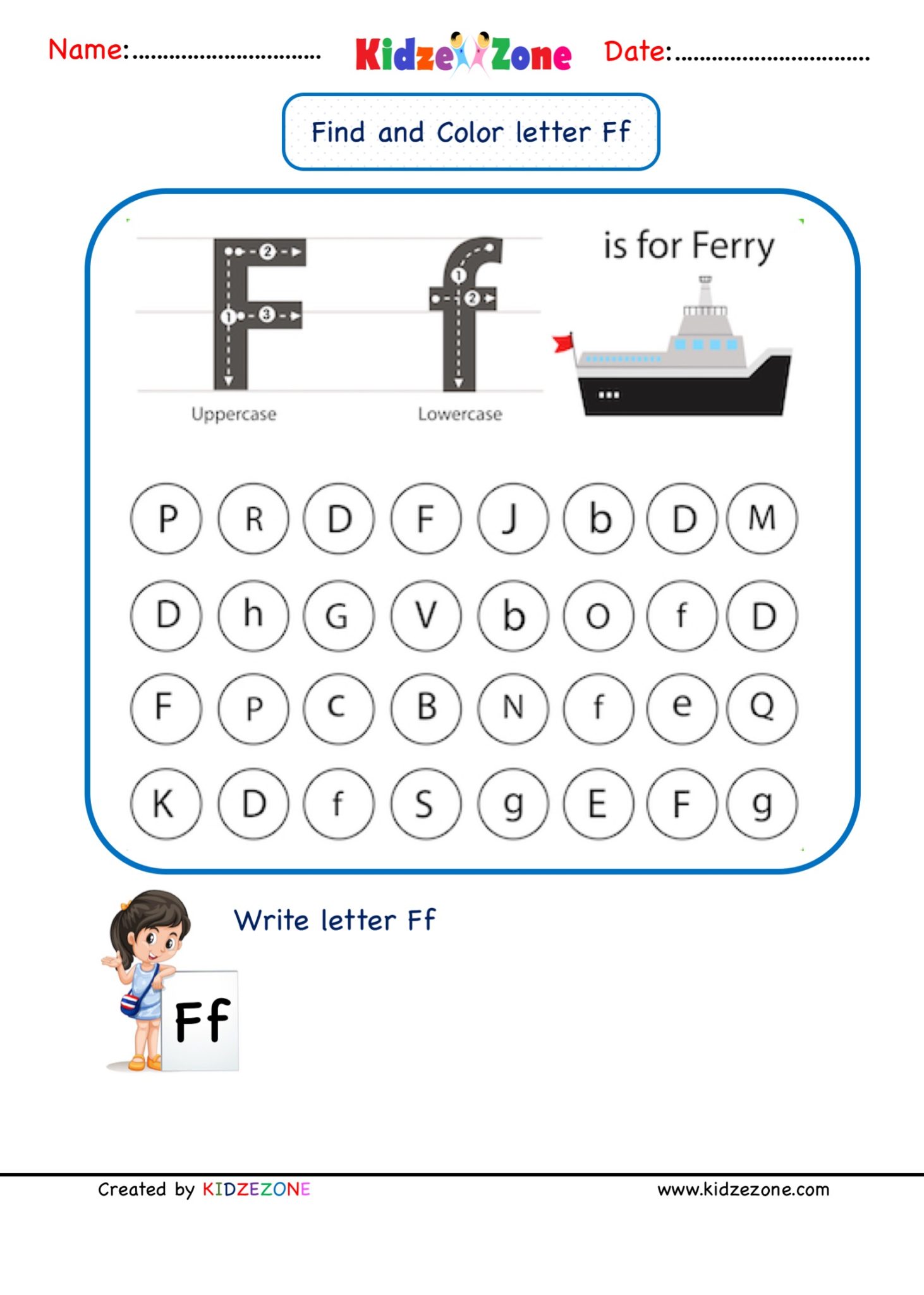 Kindergarten Letter F worksheets - Find and Color - KidzeZone
