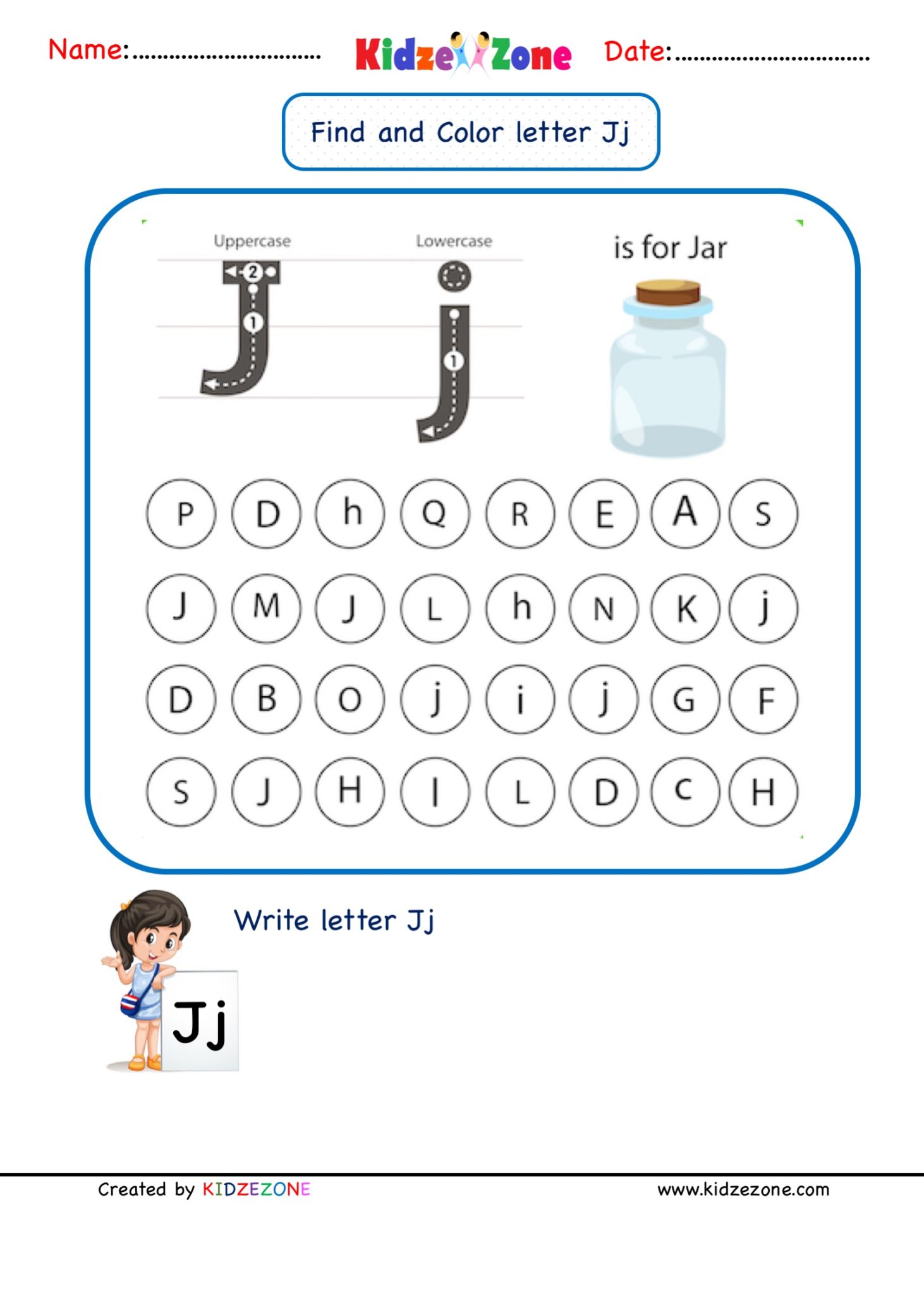 Kindergarten Letter J Find and Color worksheet - KidzeZone