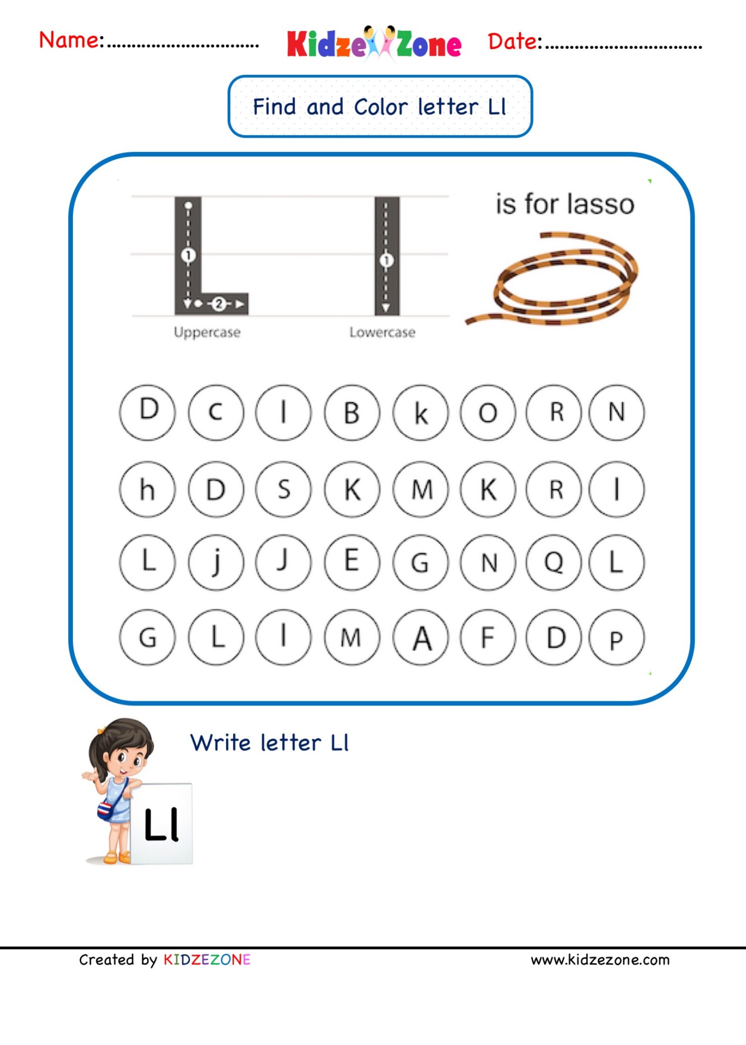 Kindergarten Letter L worksheets - Find and Color