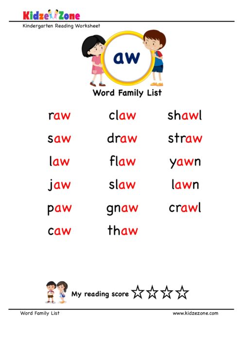 Explore and learn words from "aw" word family with word list worksheet