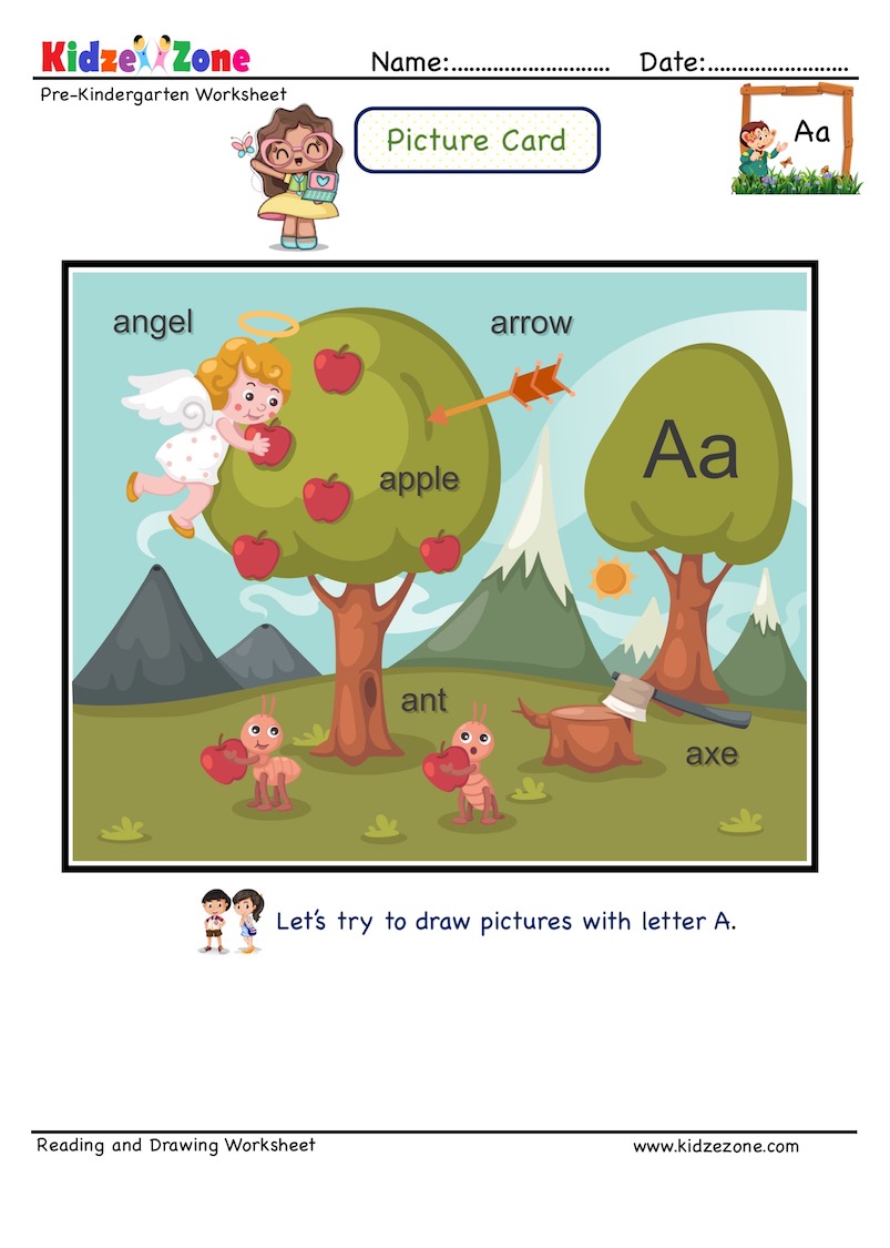 Picture Cards Letter A - Learning to read using initial sound of letter
