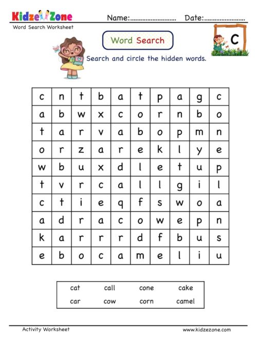 Letter C Word search worksheet - KidzeZone