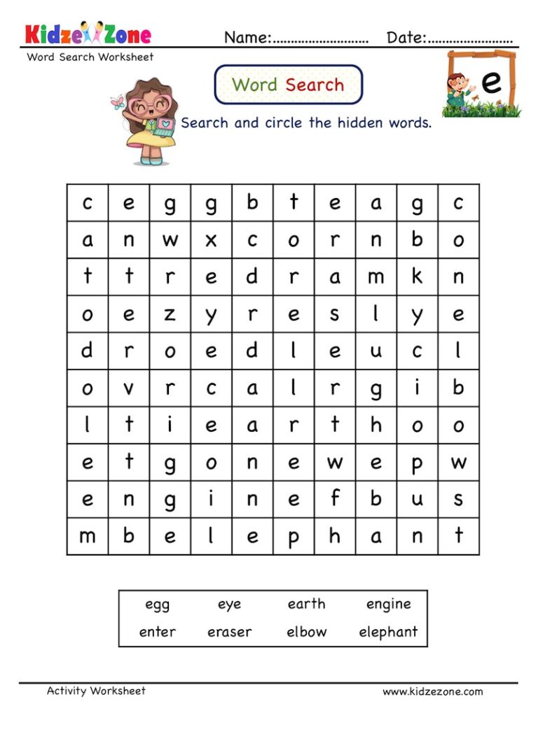 Letter E word search grid - KidzeZone