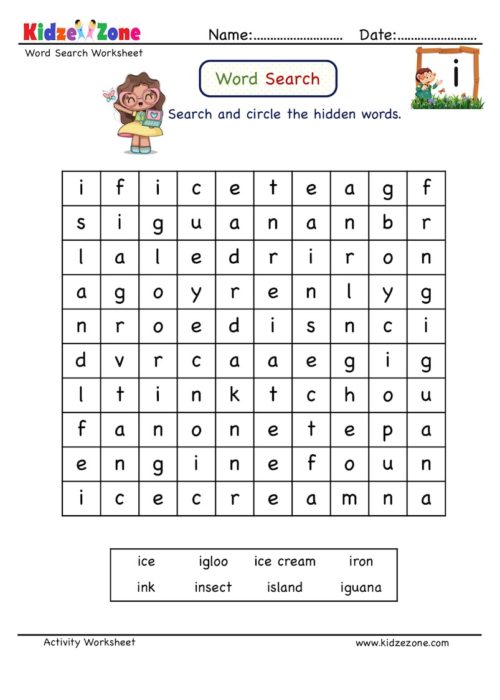 Letter I words search grid worksheet- KidzeZone