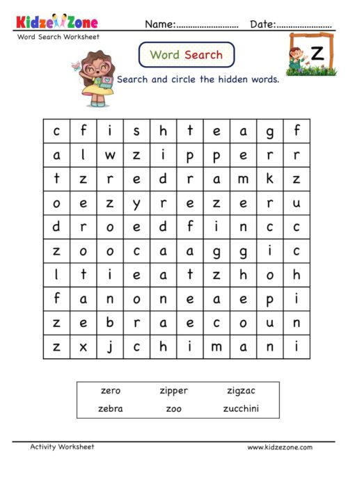 Letter Z word puzzle worksheet - KidzeZone
