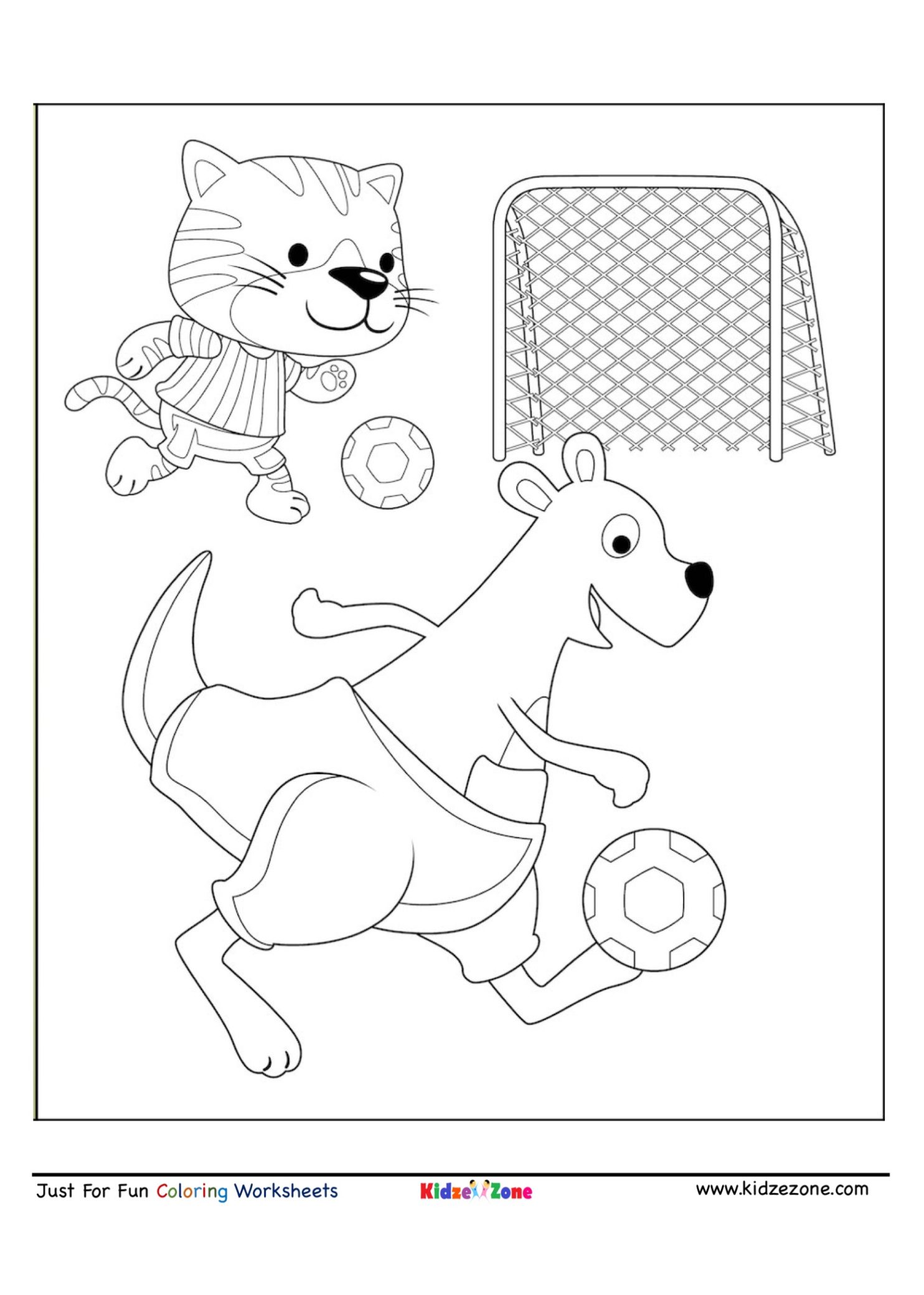 Kangaroo and Tiger Soccer Coloring Page - KidzeZone