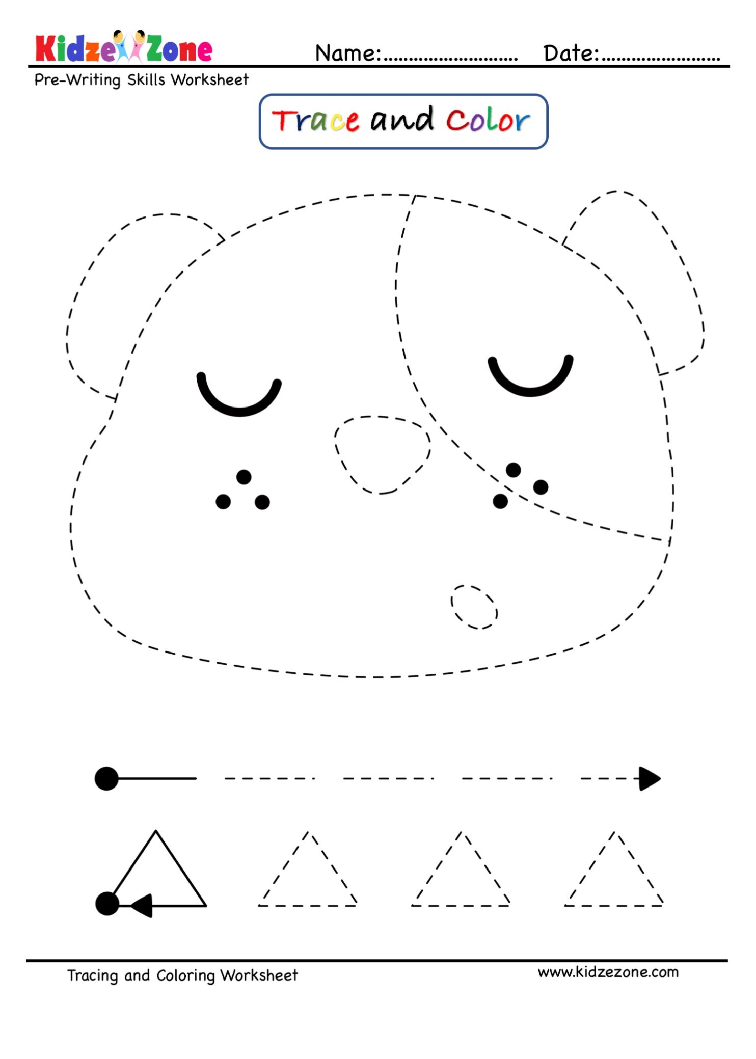 Bear face Cartoon Trace and Color Worksheet - KidzeZone