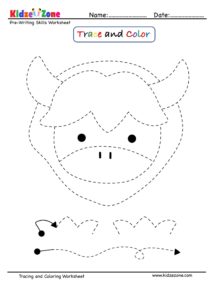 Bull Cartoon Trace and Color Worksheet - KidzeZone