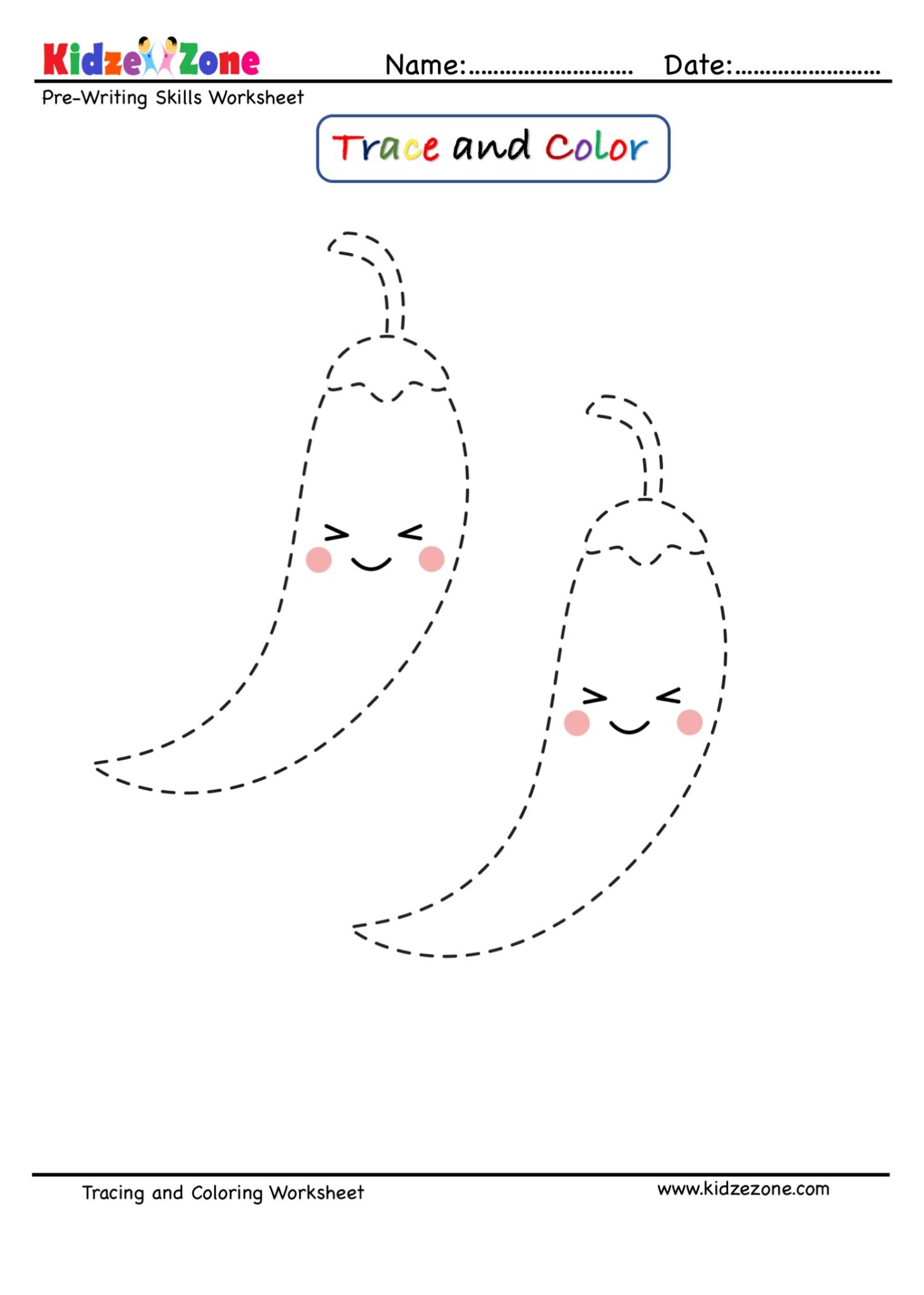 Chilis Cartoon Trace and Color Worksheet - KidzeZone