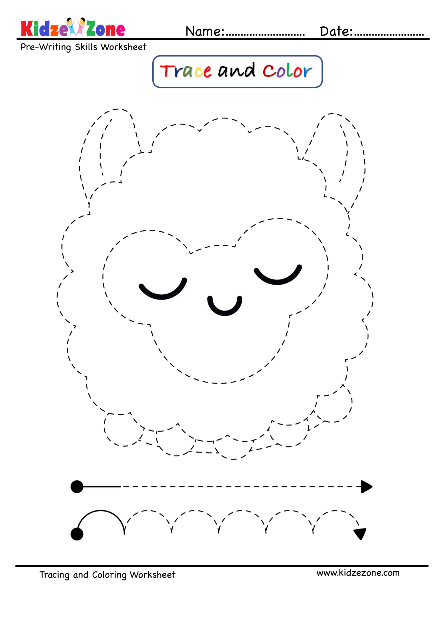 Pre-Writing Trace and Color Worksheet : Sheep Cartoon face - KidzeZone