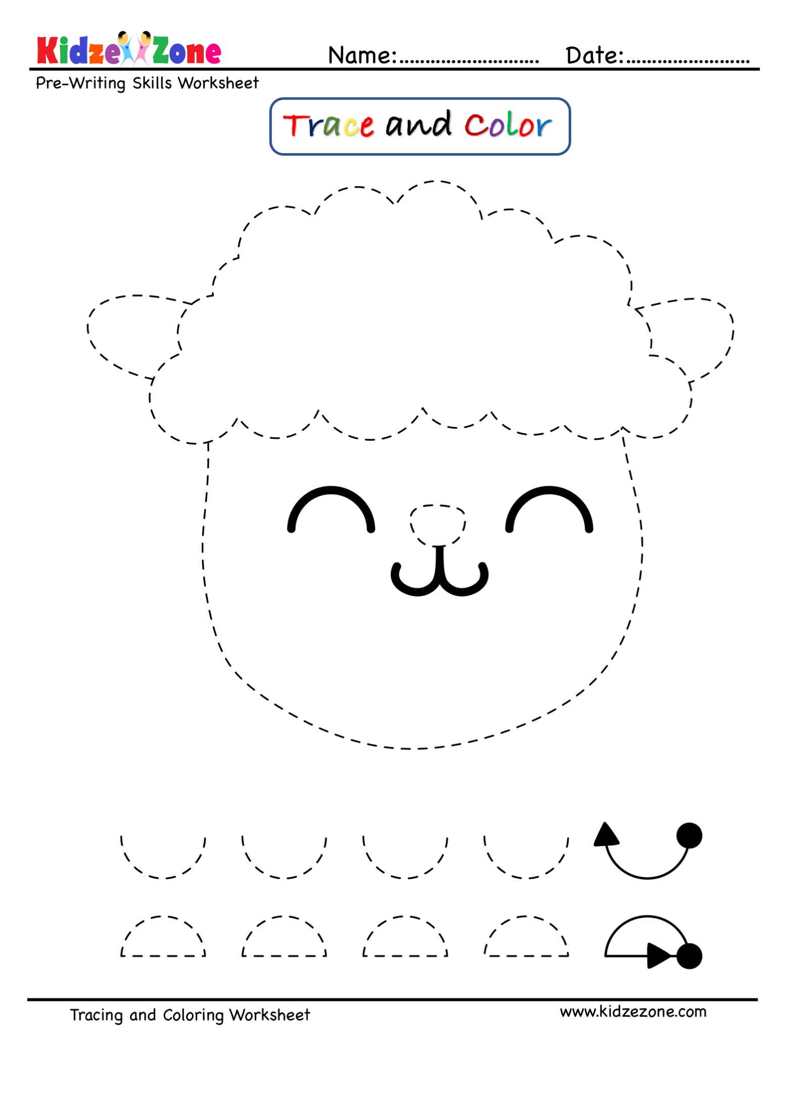 Sheep Cartoon Trace and Color Worksheet - KidzeZone