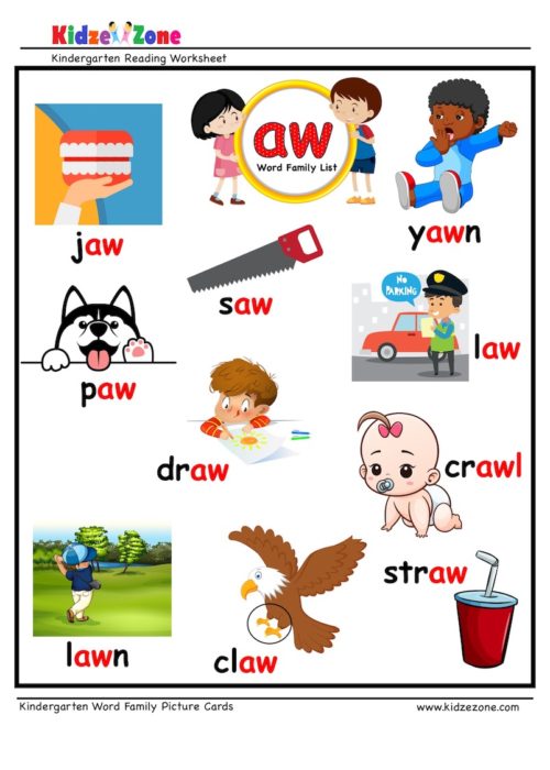 Kindergarten aw words Picture Card Worksheet - KidzeZone