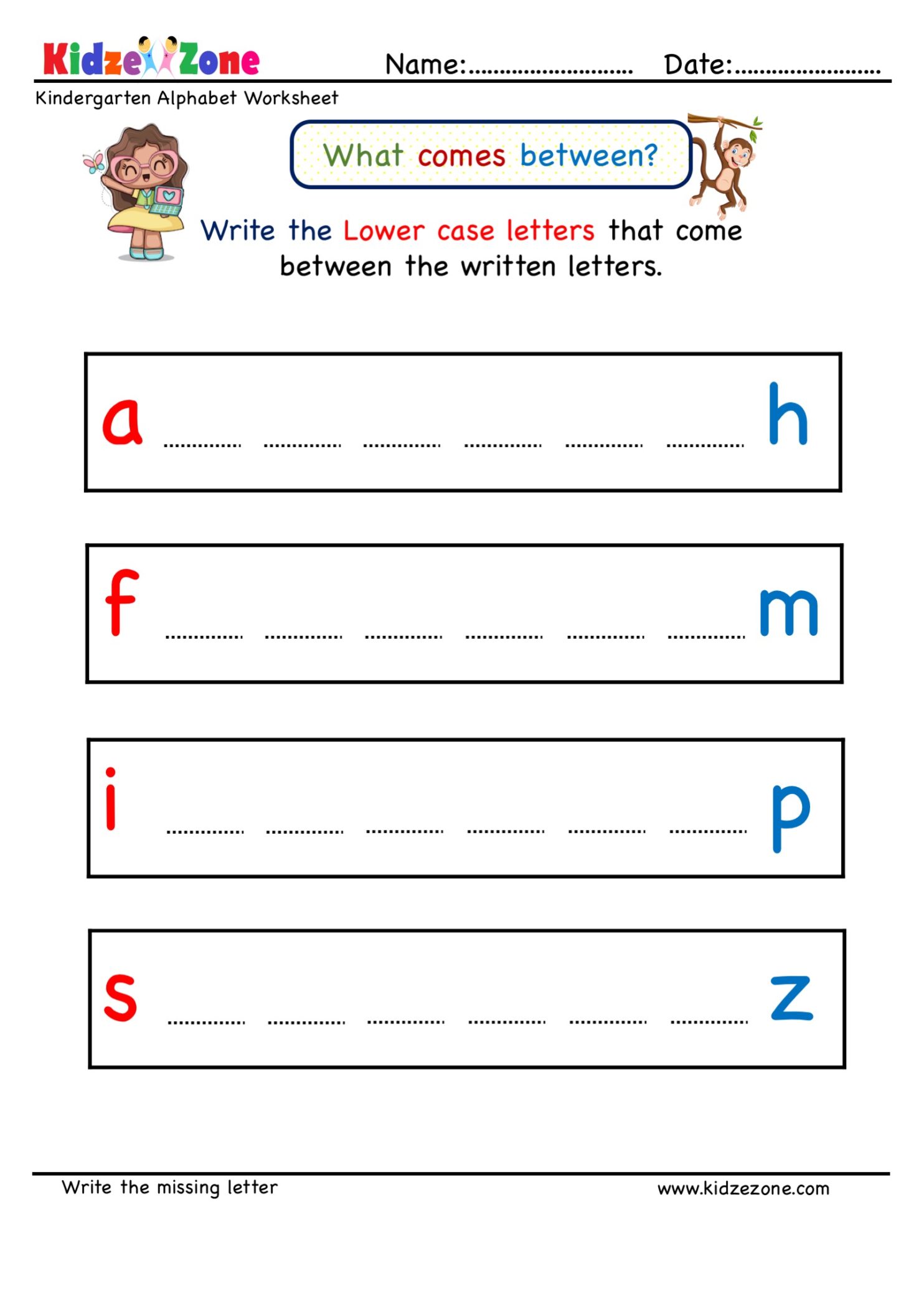 Kindergarten Missing Letter Worksheet - What Comes in Between