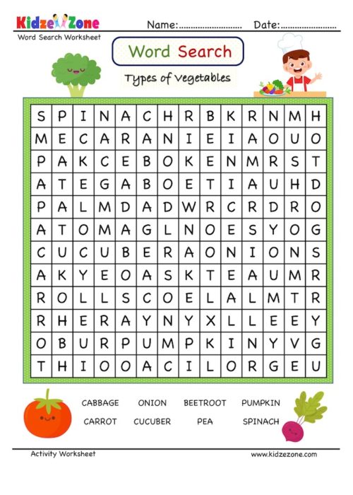 Find the vegetables in the word search grid - KidzeZone