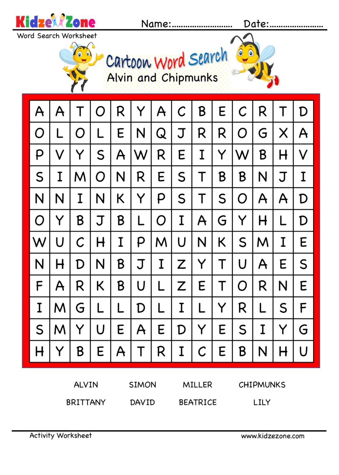 Alvin and Chipmunks Word Puzzle Worksheet- KidzeZone