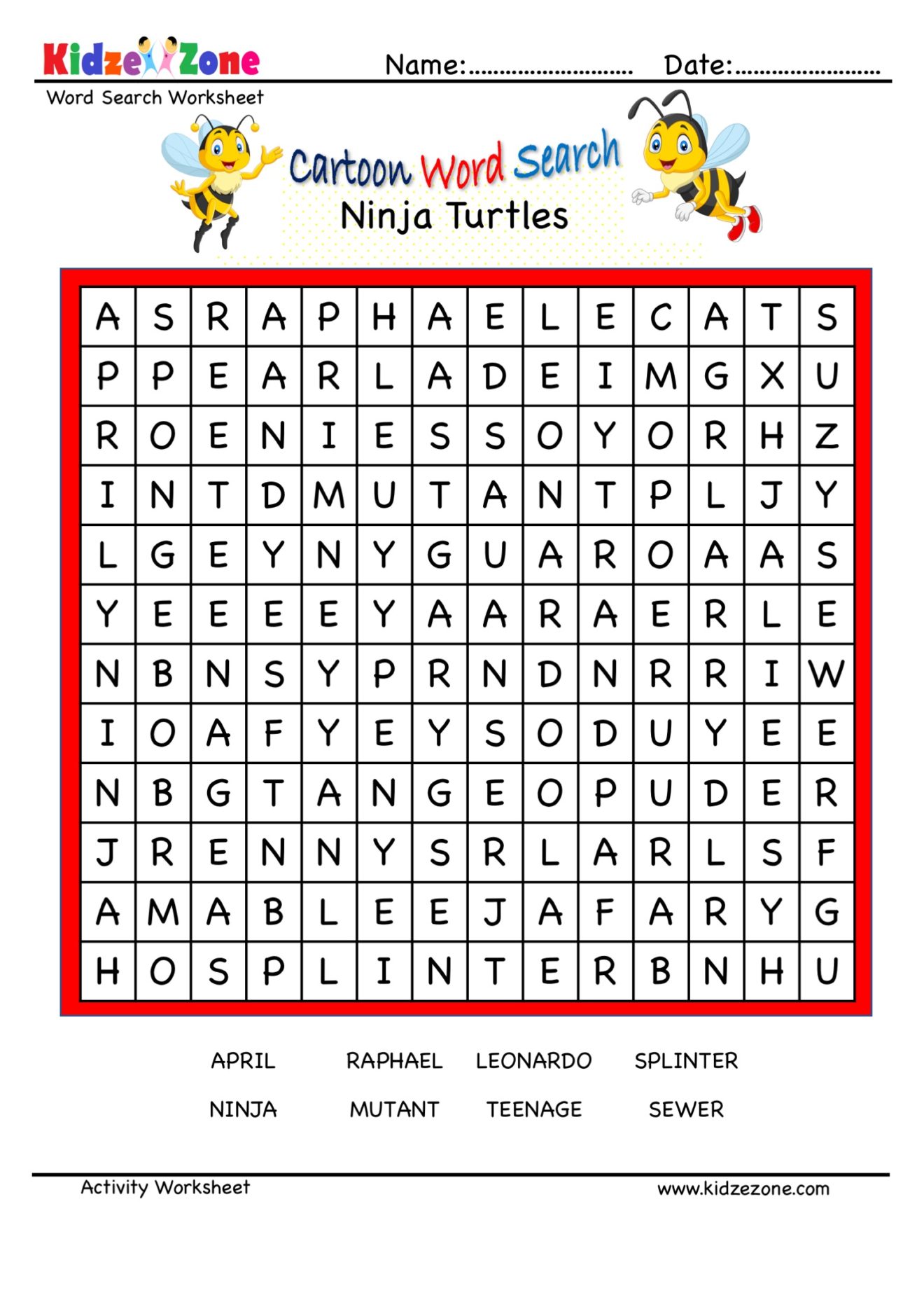 Ninja Turtles Word Search Puzzle - KidzeZone