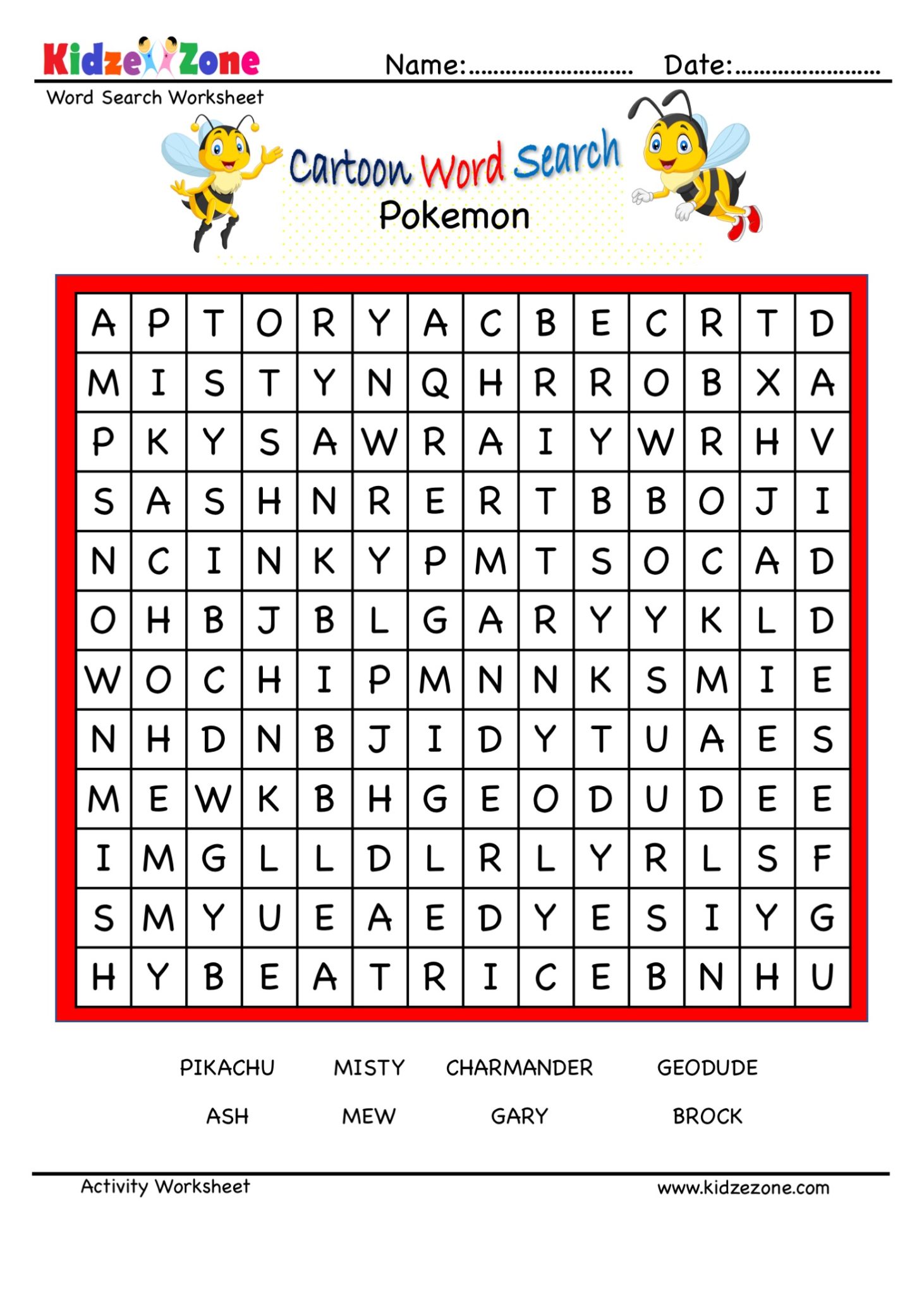 Pokemon Character Word Search Puzzle - KidzeZone