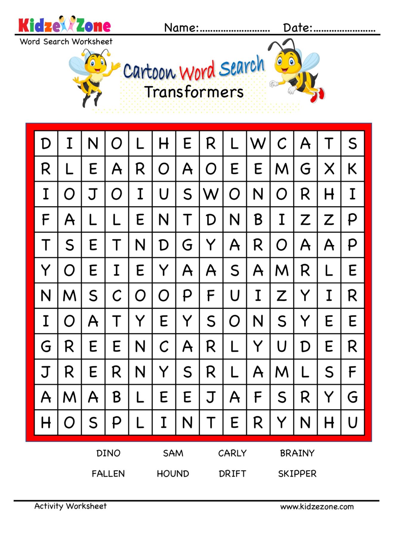 Transformer Cartoon Character Word Search - KidzeZone