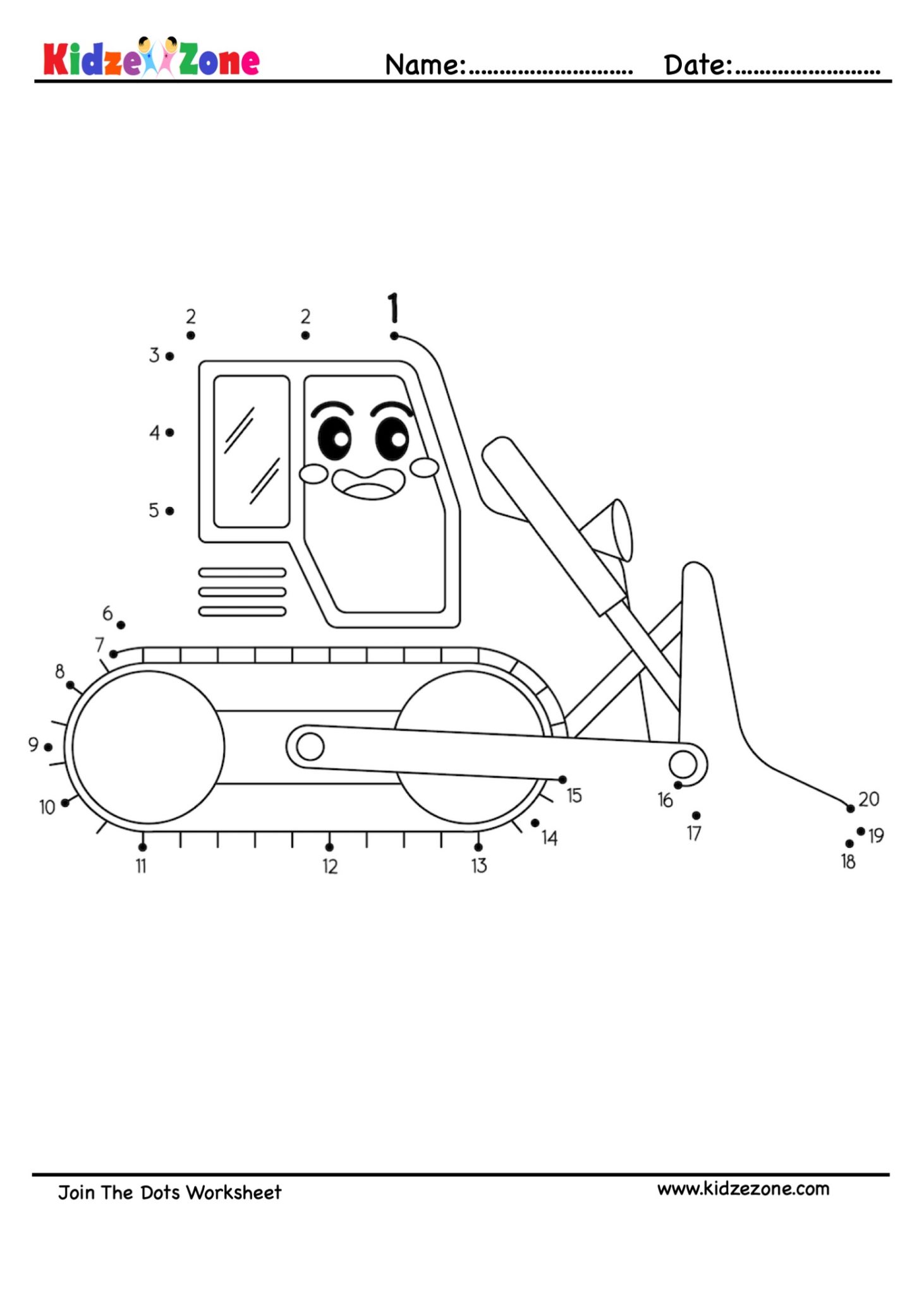 Bulldozer Truck Join the Dots Worksheet- KidzeZone