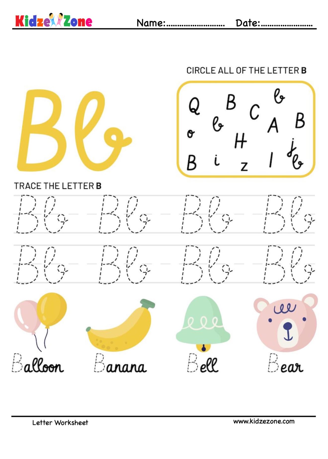 Letter B Tracing and Fun Worksheet - KidzeZone