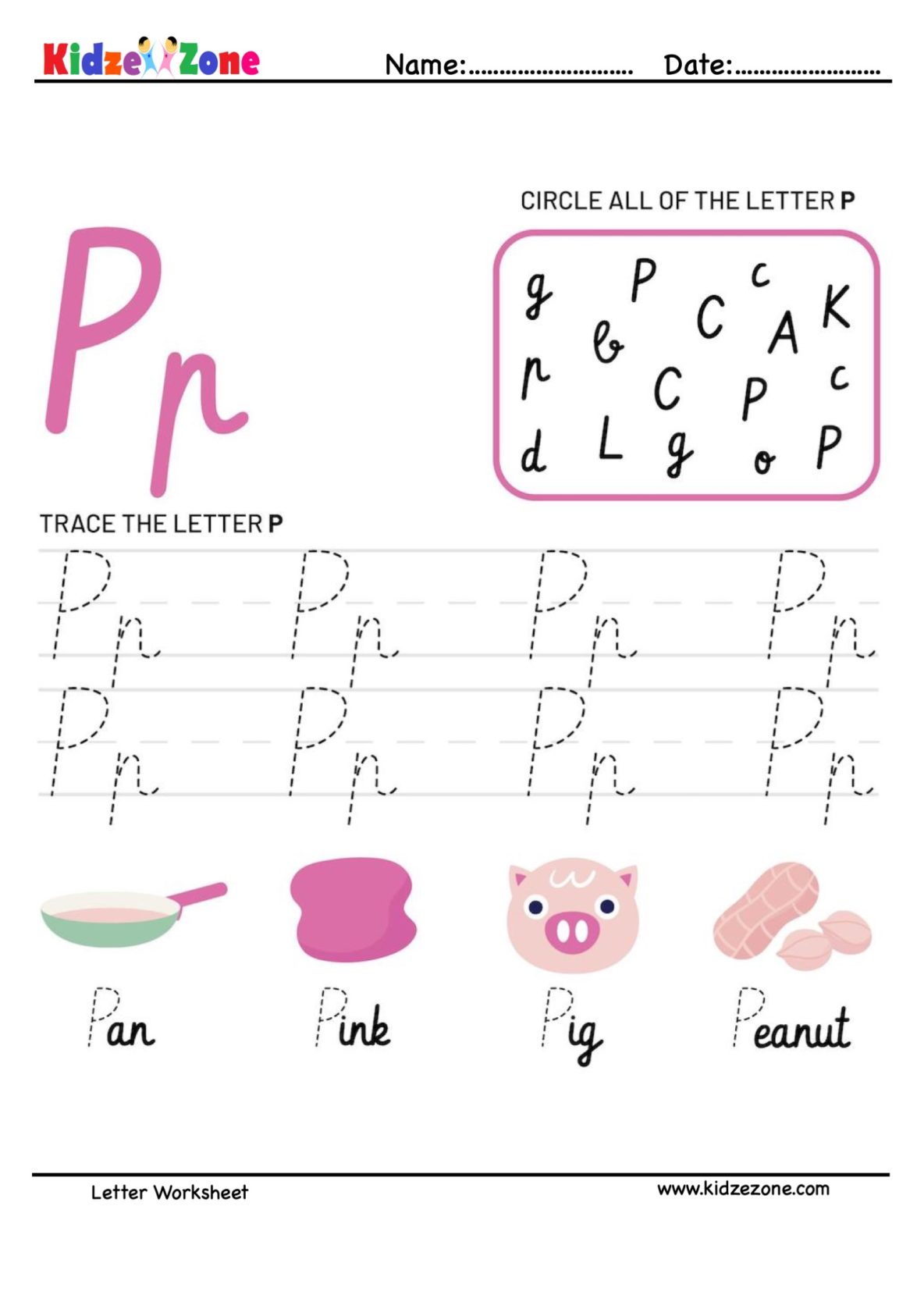 Letter P Tracing and Fun Worksheet - KidzeZone