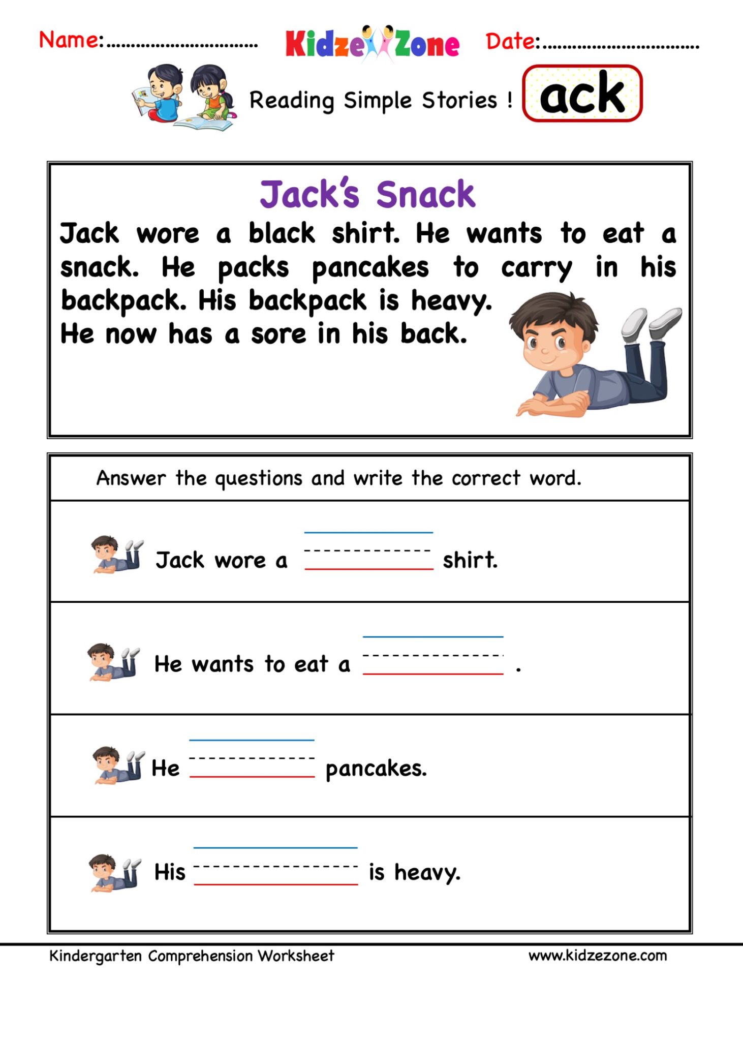 ack word family comprehension worksheet - KidzeZone