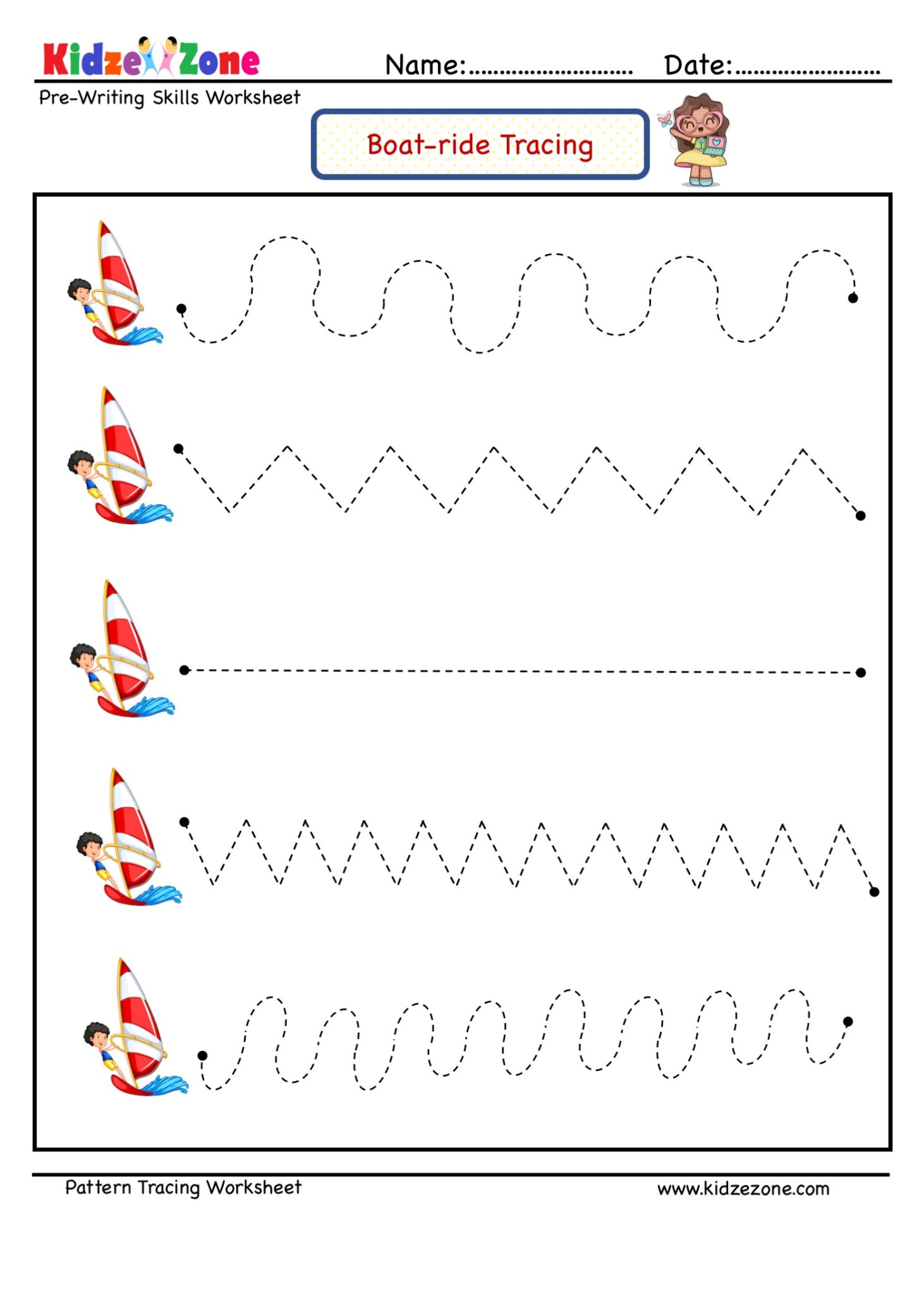 Preschool Pattern Tracing Worksheet - 1, Level 1- KidzeZone